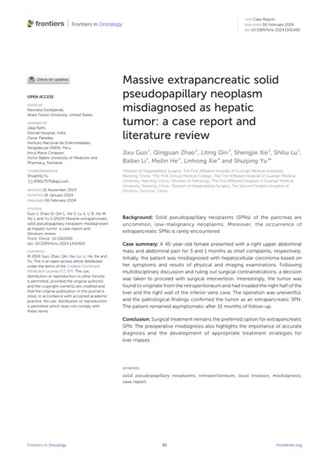 Pdf Massive Extrapancreatic Solid Pseudopapillary Neoplasm Misdiagnosed As Hepatic Tumor A