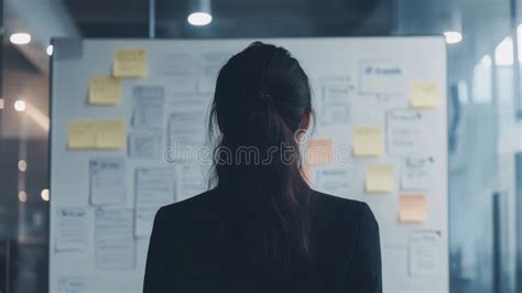 A Woman Standing In Front Of A Whiteboard Covered In Sticky Notes Stock Illustration