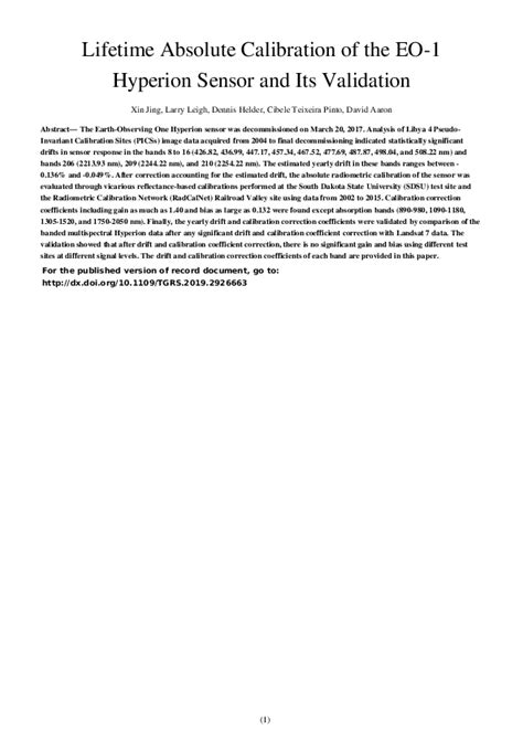 Pdf Lifetime Absolute Calibration Of The Eo 1 Hyperion Sensor And Its