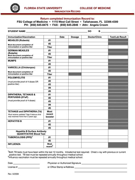 Florida State University Immunization Record Form Fill Online Printable Fillable Blank