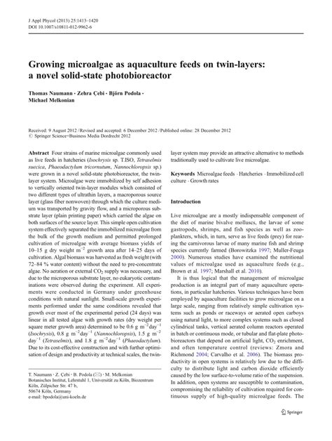 Pdf Growing Microalgae As Aquaculture Feeds On Twin Layers A Novel Solid State Photobioreactor