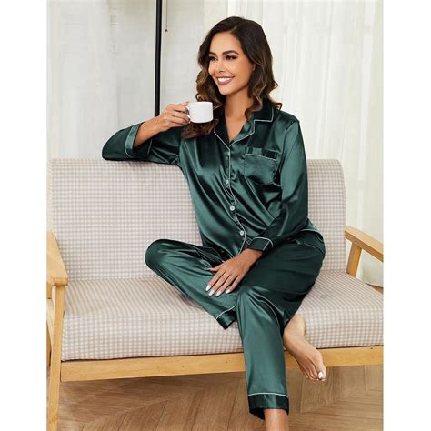 Women Silk Satin Pajamas Set Long Sleeve Button Down Pajama Set 2 Piece