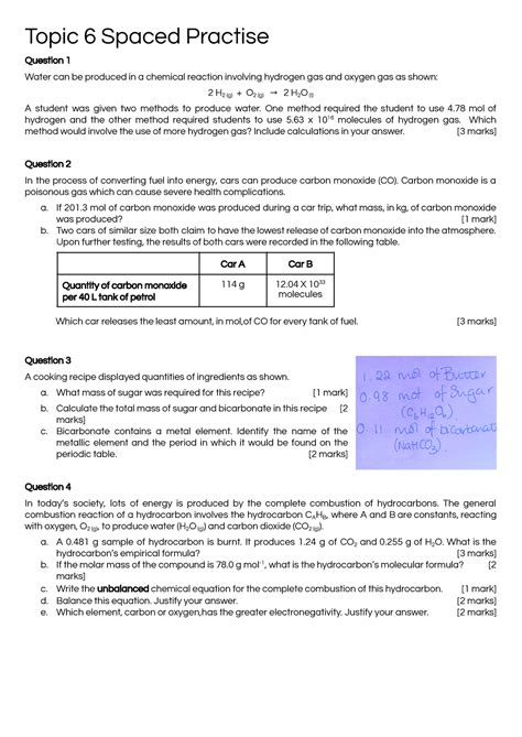 Mole Calculation Application Topic Spaced Practise Question Water Can Be Produced In A