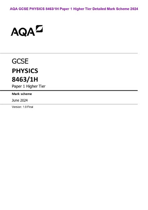 Aqa Gcse Physics 8463 1h Paper 1 Higher Tier Detailed Mark Scheme 2024 Aqa Ms Stuvia Us