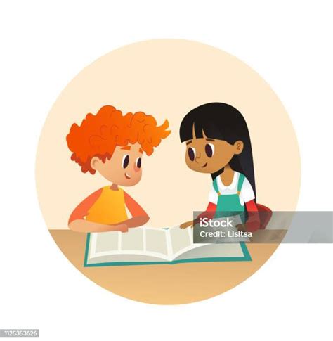 소년과 소녀는 책을 읽고 서로 이야기 하는 학교 도서관에서 라운드 프레임에서 이야기를 논의 하는 학교 아이 벡터 일러스트 레이 션 배너 만화 포스터 아이에 대한 스톡 벡터