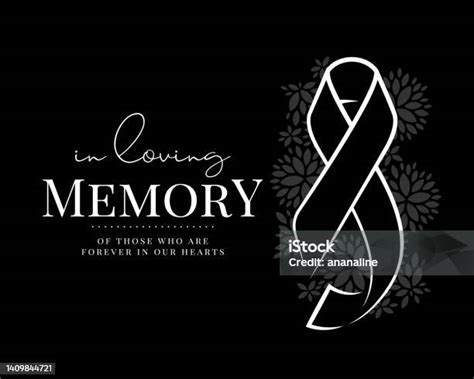 우리의 마음 속에 영원히있는 사람들의 사랑의 기억에서 추상적 인 꽃 질감과 검은 색 배경 벡터 디자인에 흰색 리본 기호를 그리는 텍스트와 선을 그립니다 개념에 대한 스톡