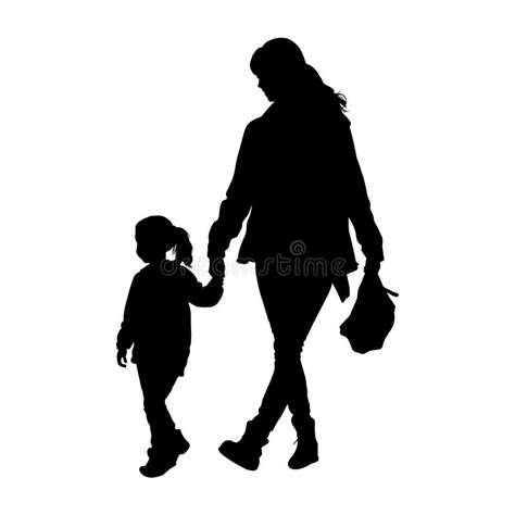 Vector Isolated Silhouette Of Mother And Daughter Holding Hands Stock