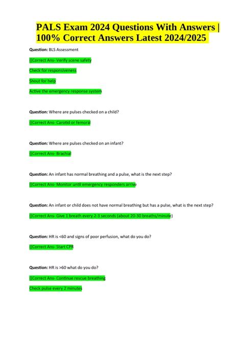 Pals 2024 Exam Questions With Answers 100 Correct Answers Latest 2024 2025 Pals 2024