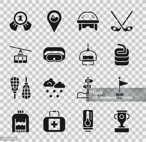 세트 어워드 컵 위치 마커 컬링 하키 헬멧 스키 고글 케이블카 메달 및 리프트 아이콘 벡터 3위에 대한 스톡 벡터 아트 및 기타