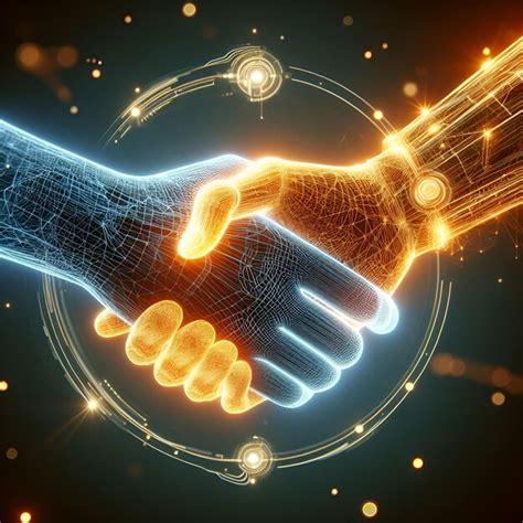 A Futuristic Digital Handshake With Glowing Network Patterns Lines And Particles Premium Ai