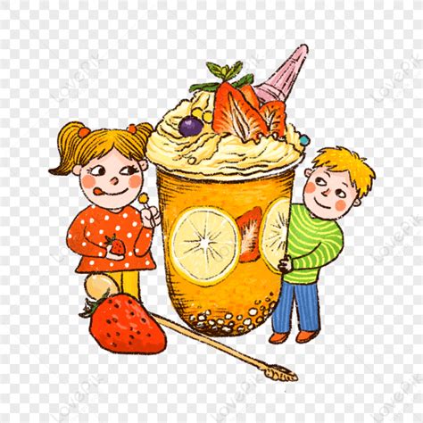 차가운 음료 아이스크림 요구르트 레몬 딸기 손으로 그린 일러스트 캐릭터 만화 Png 일러스트 무료 다운로드 Lovepik