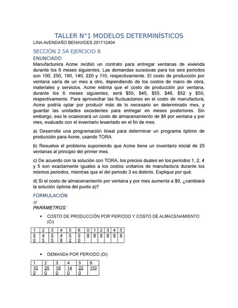 Taller N1 Avendaño Ejercicios De ProgramaciÓn Lineal Taller N°1 Modelos DeterminÍsticos Lina