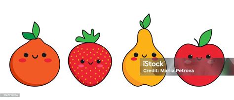 귀여운 만화 웃는 과일 캐릭터 유치 스타일로 설정 과일 아이콘 오렌지 딸기 배 사과 벡터 일러스트 레이 션 과일에 대한 스톡 벡터 아트 및 기타 이미지 Istock