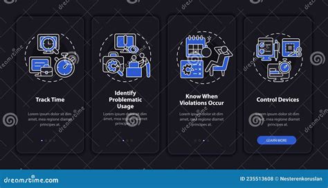Benefits Of Employee Monitoring Dark Onboarding Mobile App Page Screen Stock Vector