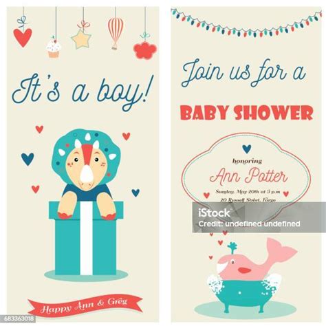 귀여운 공룡와 행복 한 고래 아기 샤워 더블 초대 카드 그것은 소년 Invitational에 대한 스톡 벡터 아트 및 기타 이미지 Invitational 공룡 귀여운