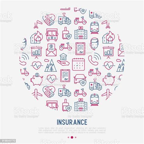 얇은 선 아이콘 원에 보험 개념 건강 생활 자동차 집 저축 현대 벡터 일러스트 레이 션 배너 웹 페이지 서식 파일에 대 한 인쇄
