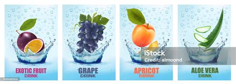과일과 채소 음료가 있는 라벨 세트 신선한 과일 주스가 함께 튀는 패션 프루트 포도 살구 물에 담긴 알로에 베라가 튀는 음료 3d 신선한 과일입니다 벡터 그림입니다 0명에