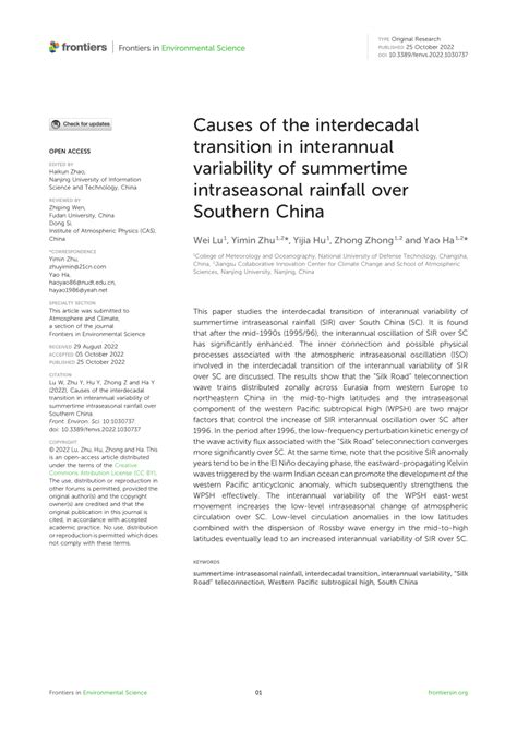 Pdf Causes Of The Interdecadal Transition In Interannual Variability Of Summertime