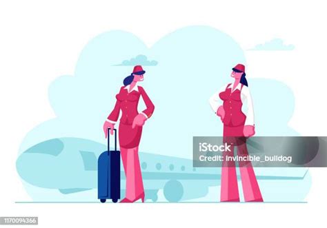 스튜어디스 승무원 에어 호스리스 소녀 착용 빨간 유니폼 과 모자 들고 가방 스탠드 에 비행기 배경 출발 목적지 장소 항공사 직원 만화 플랫 벡터 일러스트 관광에 대한 스톡