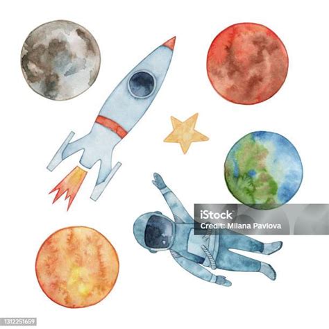 수채화 손 그림 코스모스의 세트 흰색 배경 위에 격리 행성 지구 화성 태양 달 로켓 우주 비행사 스타 은하 수채화에 대한 스톡