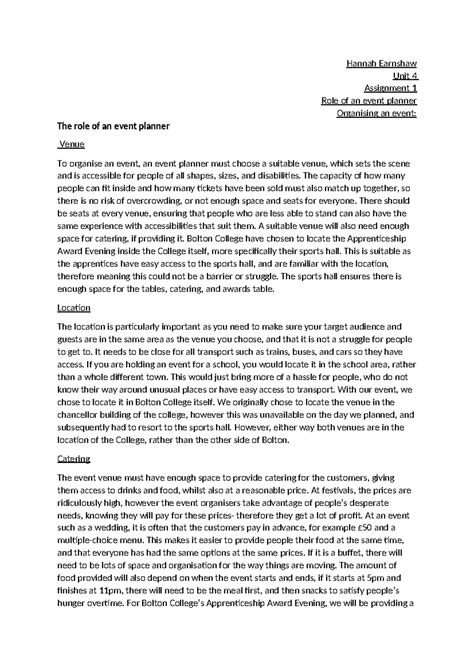 Successful Event Organisier Unit Hannah Earnshaw Unit Assignment Role Of An Event