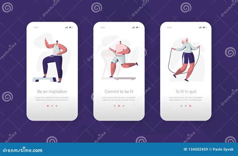 Fitness Gym Character Mobile App Page Onboard Screen Set Sport Healthy