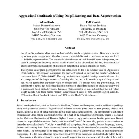 Aggression Identification Using Deep Learning And Data Augmentation Acl Anthology