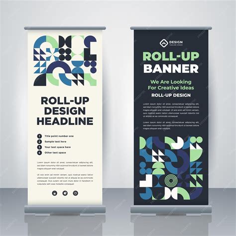 기하학 비즈니스 롤 업 스탠디 디자인 배너 템플릿 프레젠테이션 및 브로셔 기하학 Xbanner 및 Flagbanner 광고 터 일러스트레이션 프리미엄 벡터