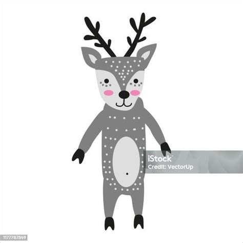 사슴 귀여운 재미있는 캐릭터 스칸디나비아 스타일의 유치한 벡터 그림입니다 어린이용 벡터 설명 격리 개념 인쇄 포스터 배너 0명에
