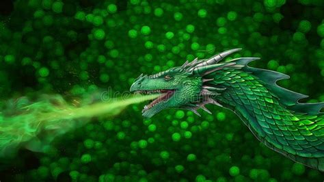 Majestic Green Dragon Breathing Fire In A Mystical Fantasy Realm Stock