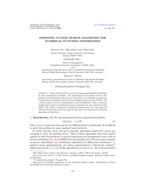 Pdf Improved Cuckoo Search Algorithm For Numerical Function Optimization