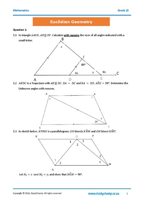 Gr10 Maths Euclidian Geometry Worksheets 2024 1 10 Question 1 1 In