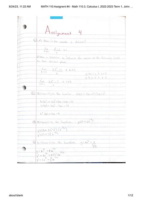 Solution Math 110 Assignent 4 Math 110 3 Calculus I 2022 2023 Term 1