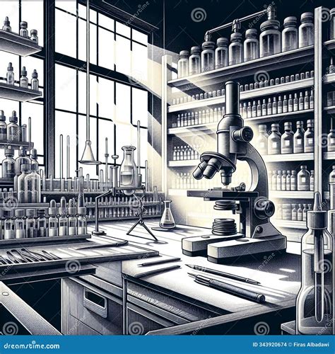 A Black And White Illustration Of A Scientific Laboratory With Equipment Showcasing Scientific