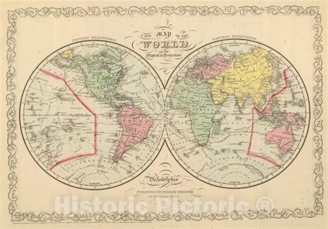 World On Globular Projection 1859 Historical Map Print Historic Pictoric