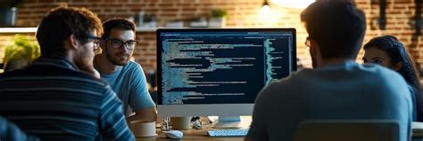 Software Engineers Collaborating On Code Displayed On A Large Monitor In A Modern Office