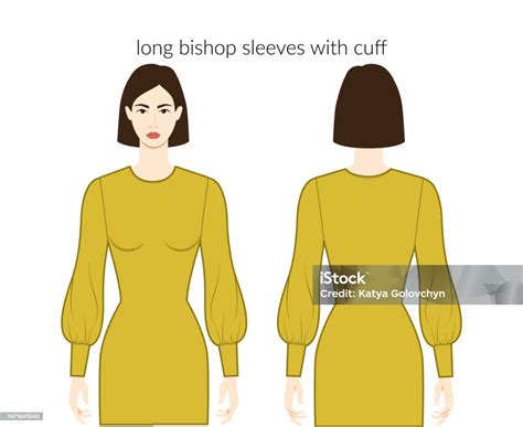 커프스 긴 길이의 옷 캐릭터가 있는 비숍 소매는 황토색 상의 셔츠 드레스 테크니컬 패션 일러스트레이션에 아름다운 아가씨입니다 플랫 의류 템플릿 앞면 뒷면 여성 남성 남녀
