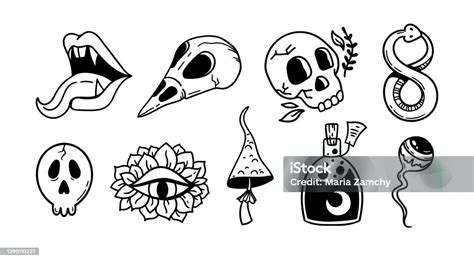 신비한 트리피 고립 된 클립 아트 번들 고블린 코어 미학 신비한 뱀 사악한 눈 버섯 까마귀 두개골 마법의 병 비열한 마녀 물건 검은 색과 흰색 벡터 벡터에 대한 스톡 벡터