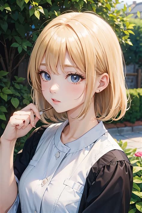 금발에 푸른 눈을 가진 애니메이션 소녀가 사진을 찍고 있습니다 Seaart Ai