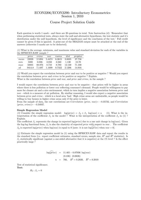 Introductory Econometrics Project Solution Econ2206 Introductory