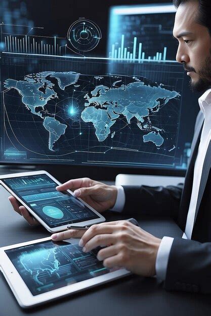 Premium Photo Businessman Using Tablet Data Analysis Interface Global Network