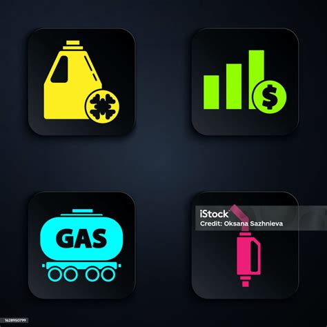 가솔린 펌프 노즐 부동액 캐니스터 가스 철도 수조 및 파이 차트 인포그래픽 및 달러를 설정합니다 검은색 사각형 버튼입니다 벡터 가솔린에 대한 스톡 벡터 아트 및 기타 이미지