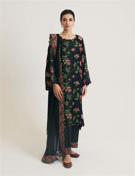 Black Set Embroidered Rayon Kameez And Silk Trousers Mannam