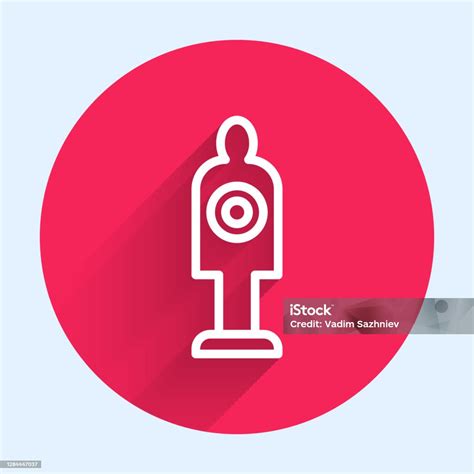긴 그림자로 고립 된 아이콘을 촬영하기위한 화이트 라인 인간 대상 스포츠 사격장이나 촬영을 위한 숫자로 대상을 청소합니다 빨간색 원 버튼입니다 벡터 가리키기에 대한 스톡