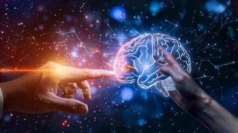 Human Hand Touching A Holographic Brain Interfacing With A Robotic Arm