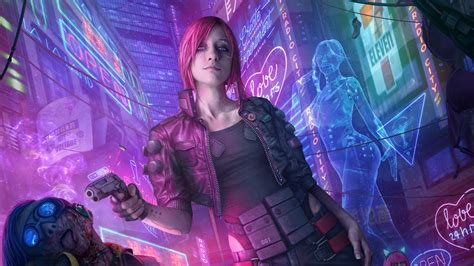 Wallpaper Cyberpunk 2077 Pink Hair Girl Gun City 5120x2880 Uhd 5k