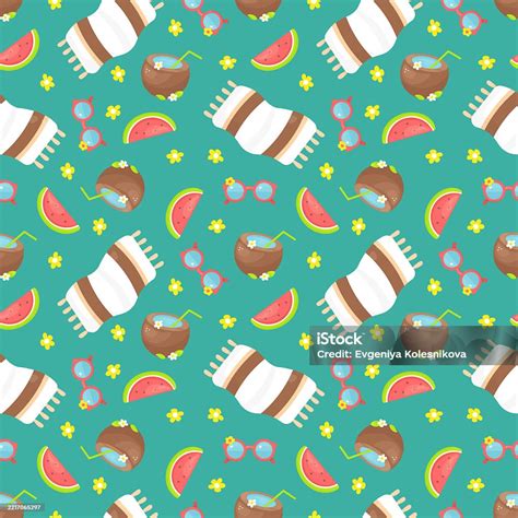 비치 타월 빨대가 달린 코코넛 수박 조각 꽃이 달린 선글라스 밝은 파란색 배경에 열대 노란색 꽃이 특징인 완벽한 여름 패턴입니다 손으로 그린 벡터 스타일입니다 공휴일에 대한