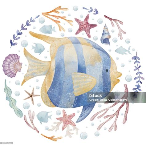 산호 해초 조개 껍질 거품으로 둘러싸인 물고기의 수채화 그림 어린 시절 보육 포스터 또는 해양 테마의 아기 디자인을 위한 그림