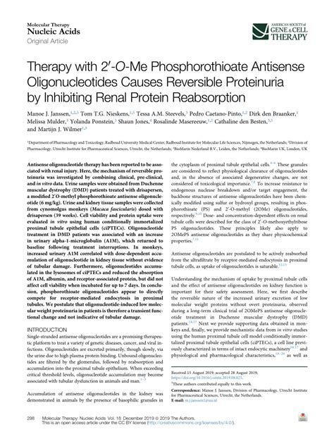 Pdf Therapy With 2o Methyl Phosphorothioate Antisense Oligonucleotides Causes Reversible