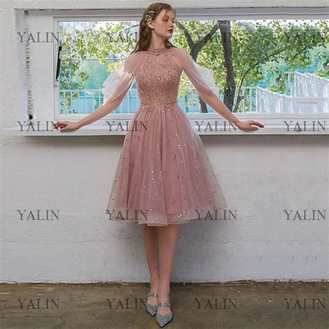 Yalin 럭셔리 캡 슬리브 홈 커밍 드레스 차 길이 보석 넥 반짝 이는 Tulle 댄스 파티 드레스 환상 핑크 A 라인 이브닝